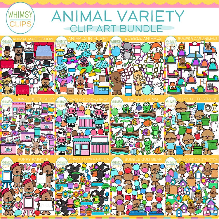 Animal Theme Variety Clip Art Bundle, Images & Illustrations | Whimsy Clips