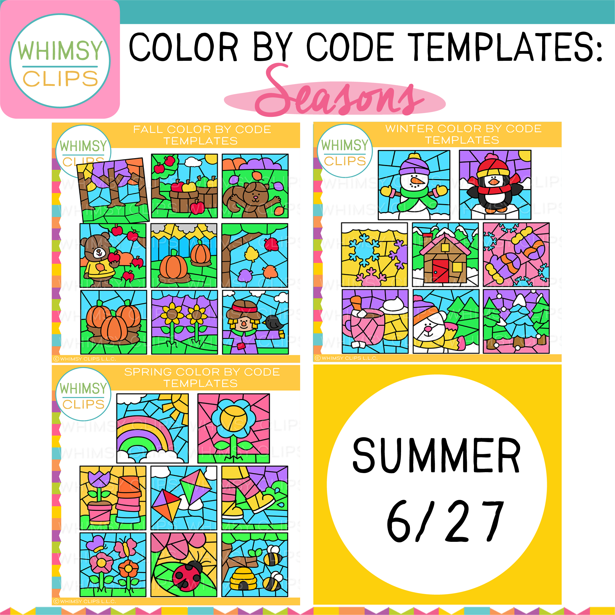 Four Seasons Color By Code Clip Art Templates Bundle – Whimsy Clips