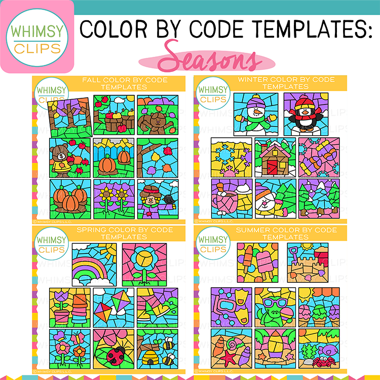 Four Seasons Color By Code Clip Art Templates Bundle – Whimsy Clips