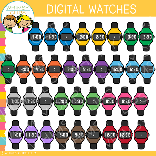 Colorful Digital Watches Clip Art, Images & Illustrations | Whimsy Clips